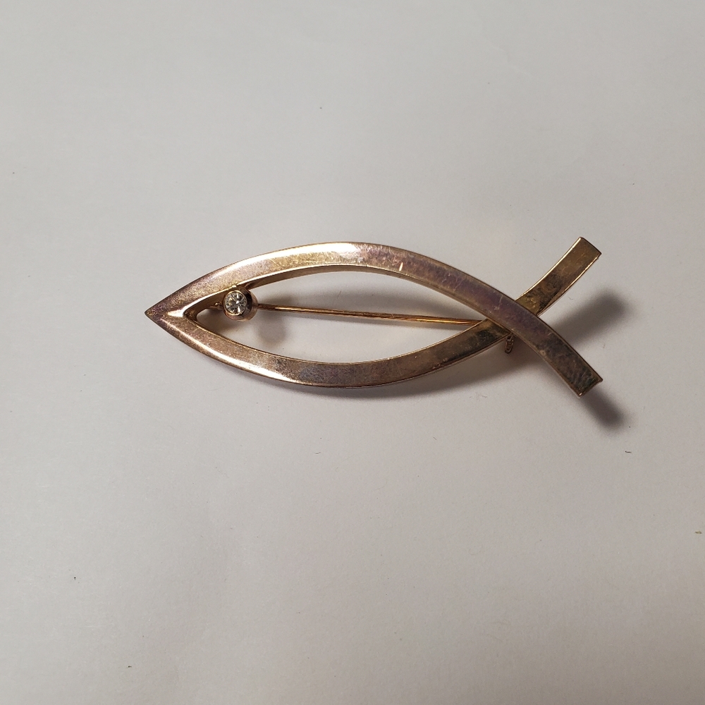 Ichthys Jesus Fish Gold Tone Vintage Pin, With Rhines… - Gem